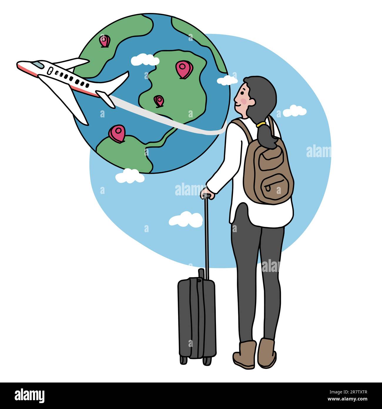 Woman with luggage looking for travel around the world cartoon vector ...