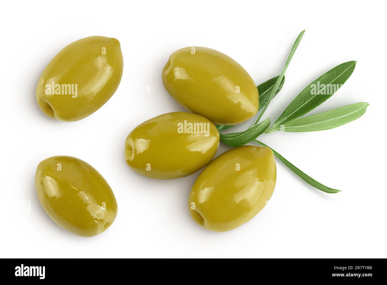 Green olives with leaves isolated on a white background with full depth ...