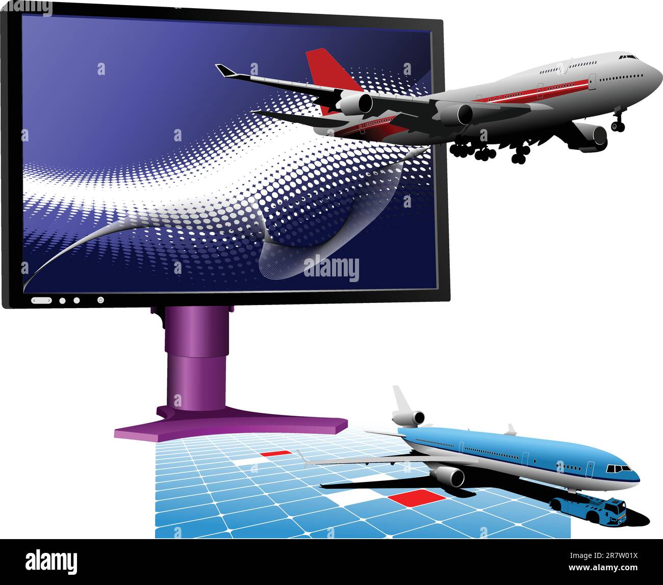 Blue dotted background with Flat computer monitor with passenger plane ...