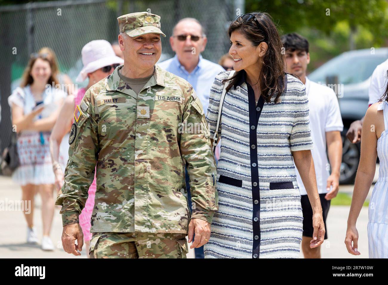 Republican presidential candidate Nikki Haley walks with her husband ...