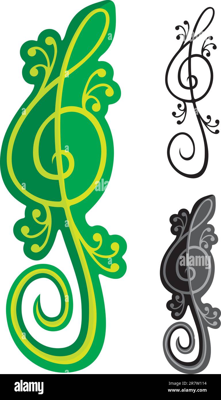 Treble clef shaped like a green lizard isolated on black background ...