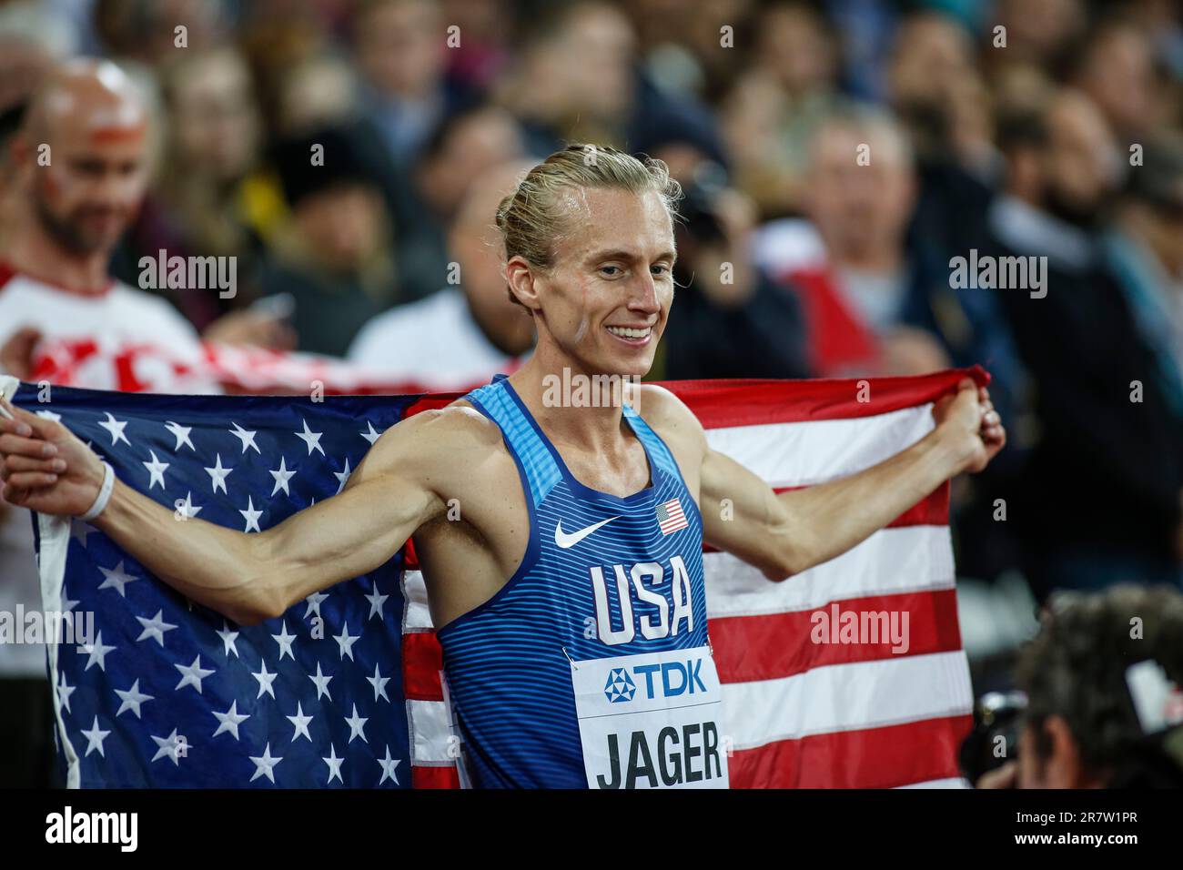 Evan Jager with her country's flag in the 3000 Metres Steeplechase at ...