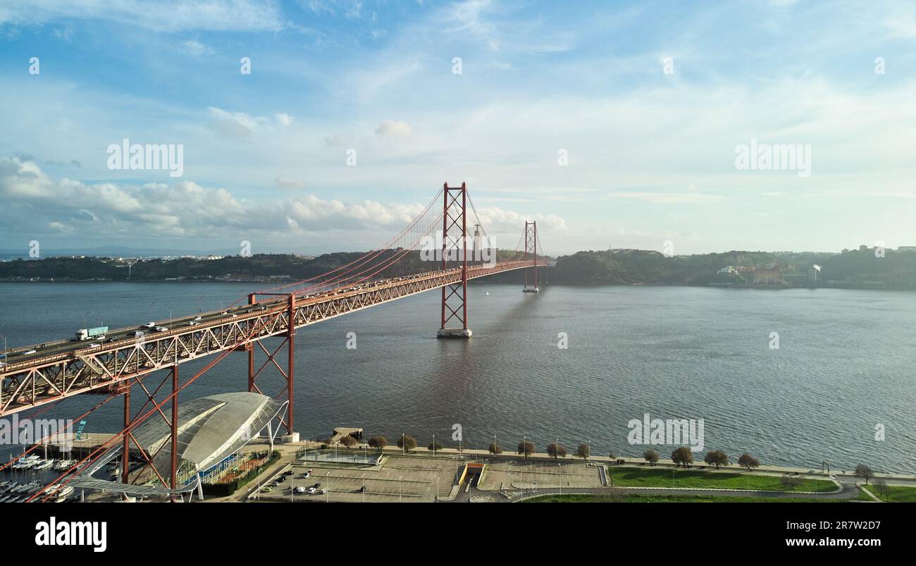 Aerial view of 25th April Bridge in Lisbon, Portugal. Famous landmark ...