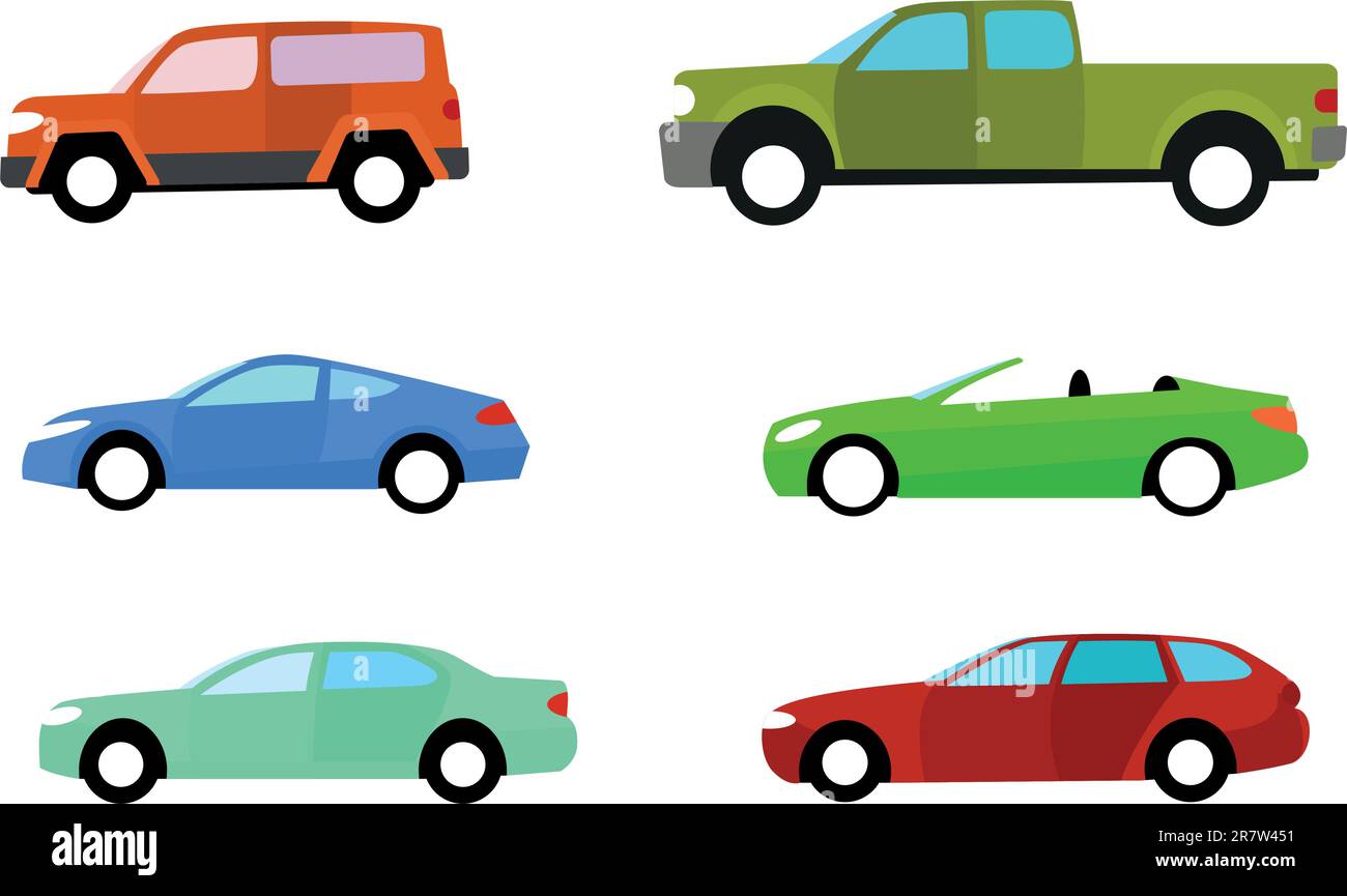 Color cars isolated on white background. Side view, simple graphics ...