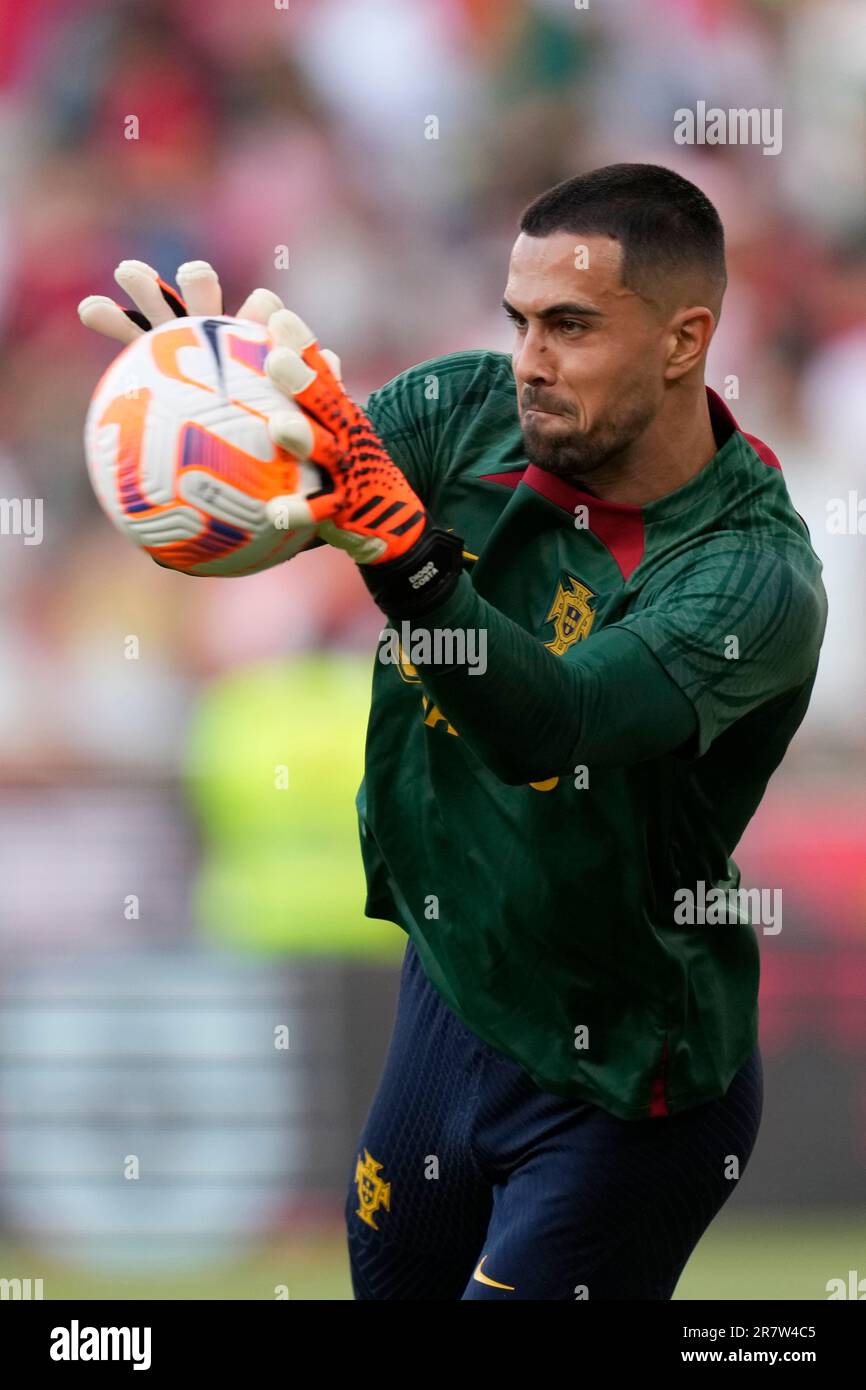 Portugal goalkeeper Diogo Costa warms up prior to the Euro 2024 group J ...