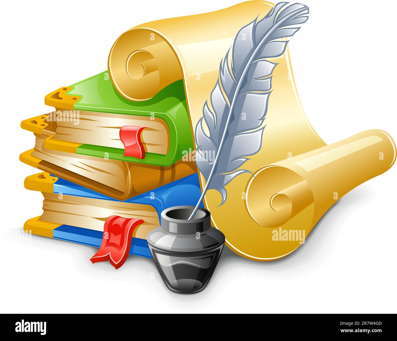 Books, papyrus with feather pen and ink pot. Isolated on white ...