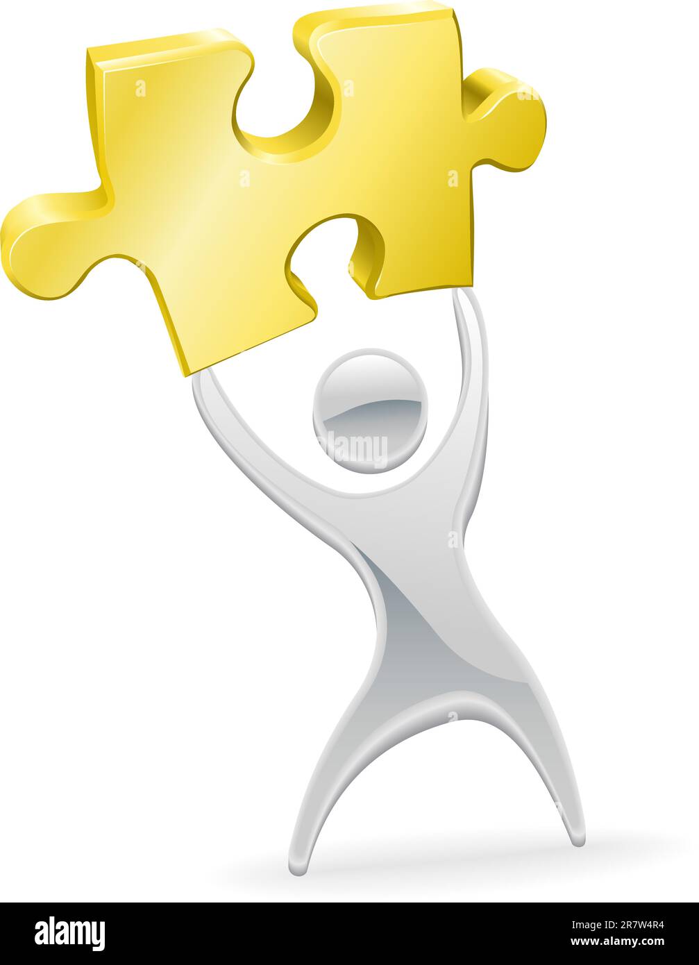 Metal character mascot holding up a jigsaw puzzle piece. Solution or ...