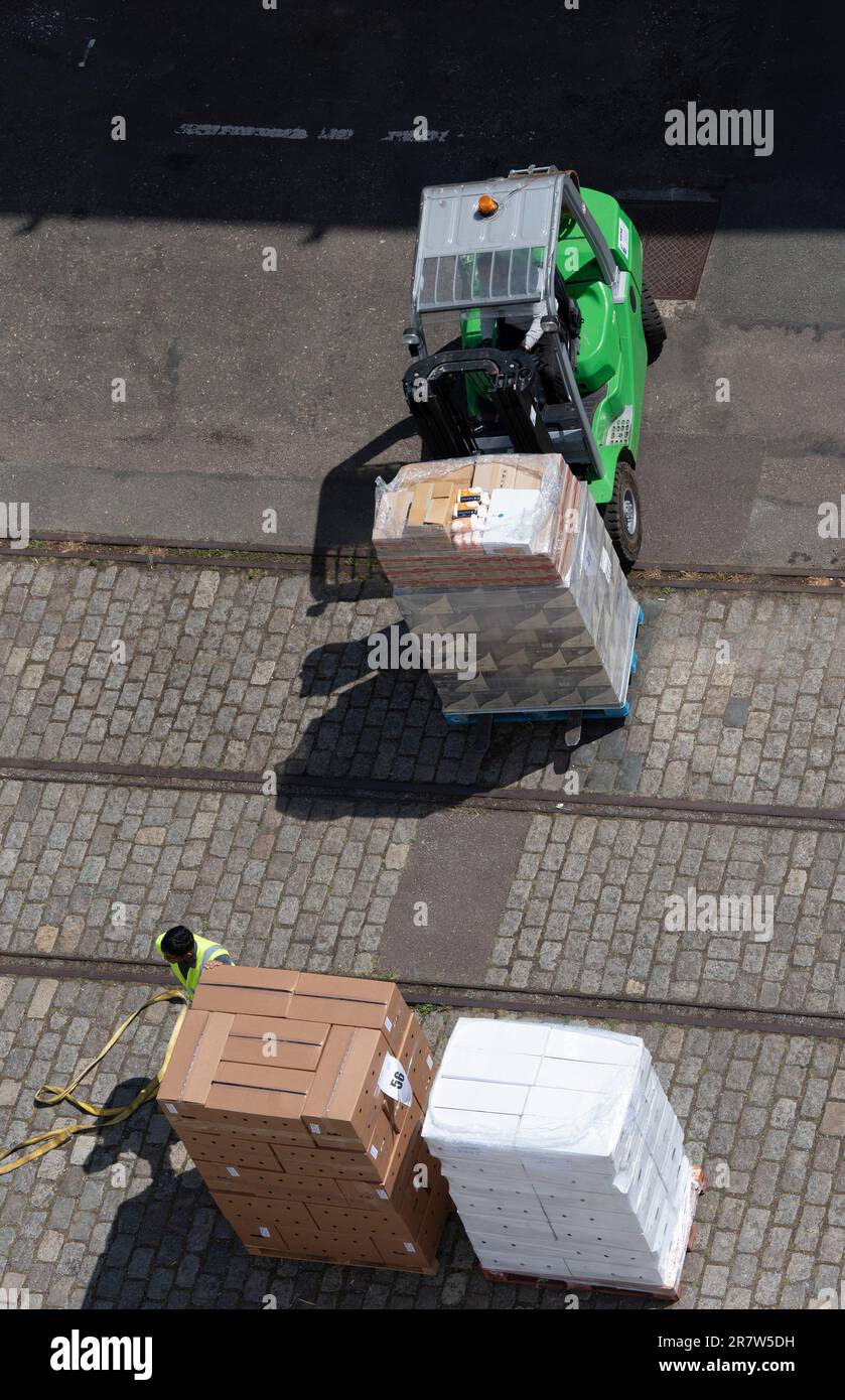 Le Havre, France, Forklift truck powered by LPG loading ships supplies ...