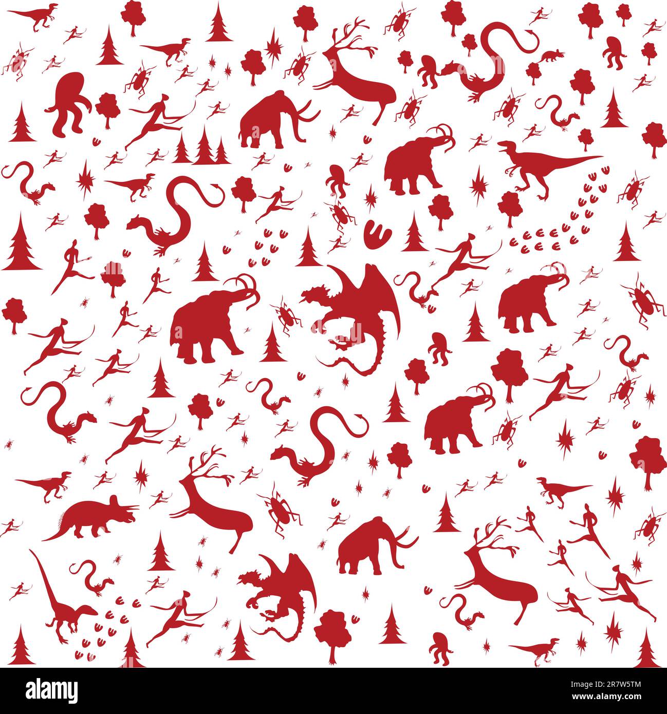 seamless background with Prehistoric Era, animals in red color Stock ...