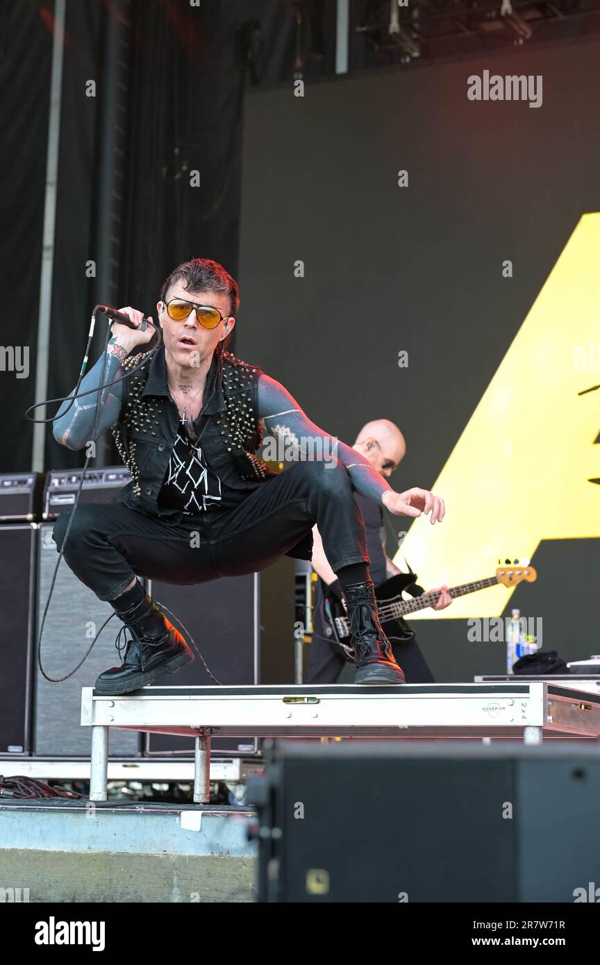 AFI lead singer Davey Havok and bassist Hunter Burgan perform during Day 2 of the 2023 Bonnaroo ...