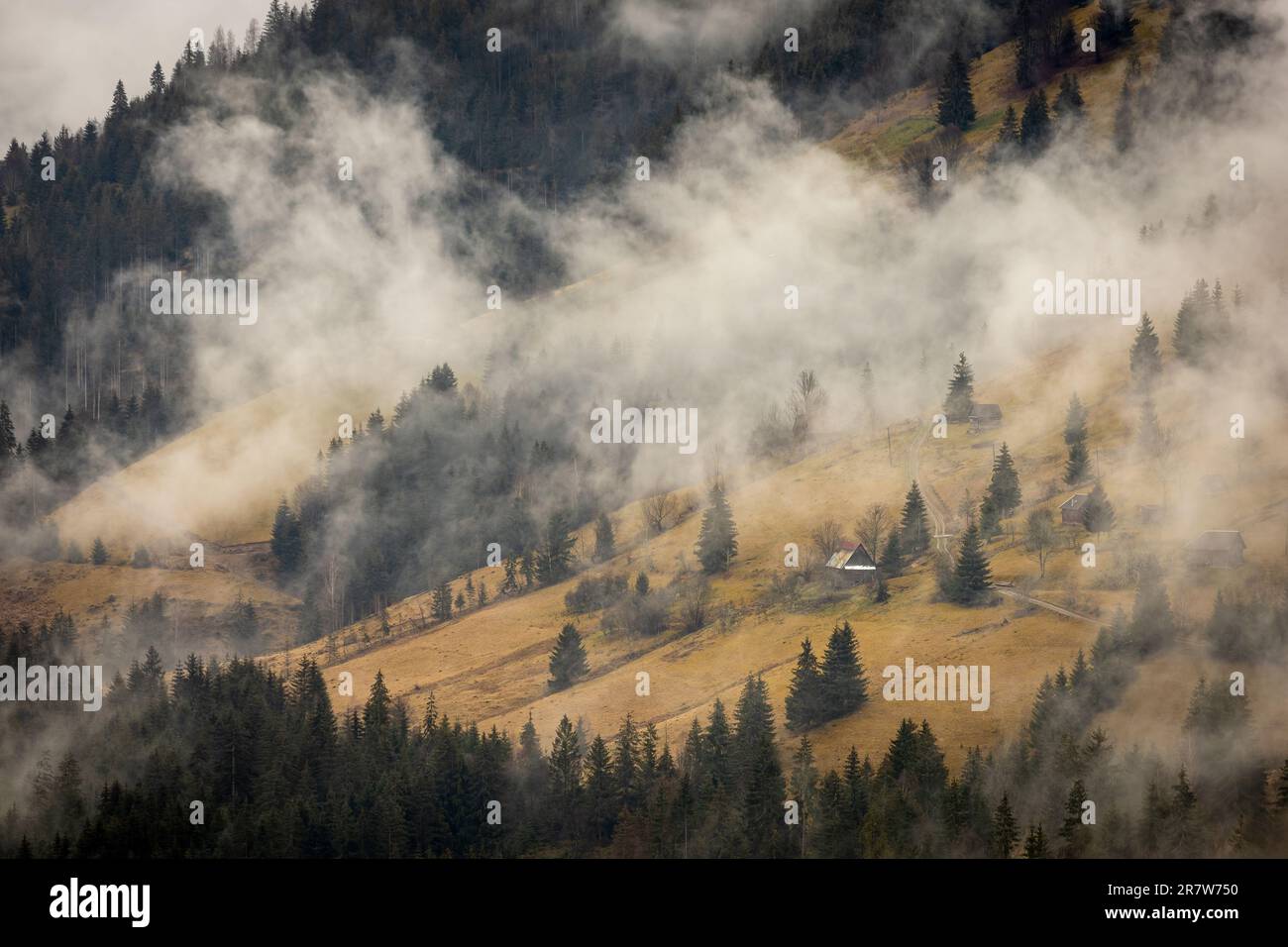 Remote rural scenery somewhere in the Carpathians with fog. Photo taken ...