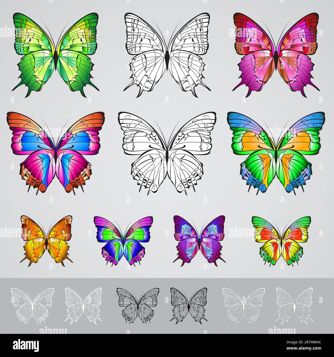 Set of different colored butterflies. Illustration on white background ...