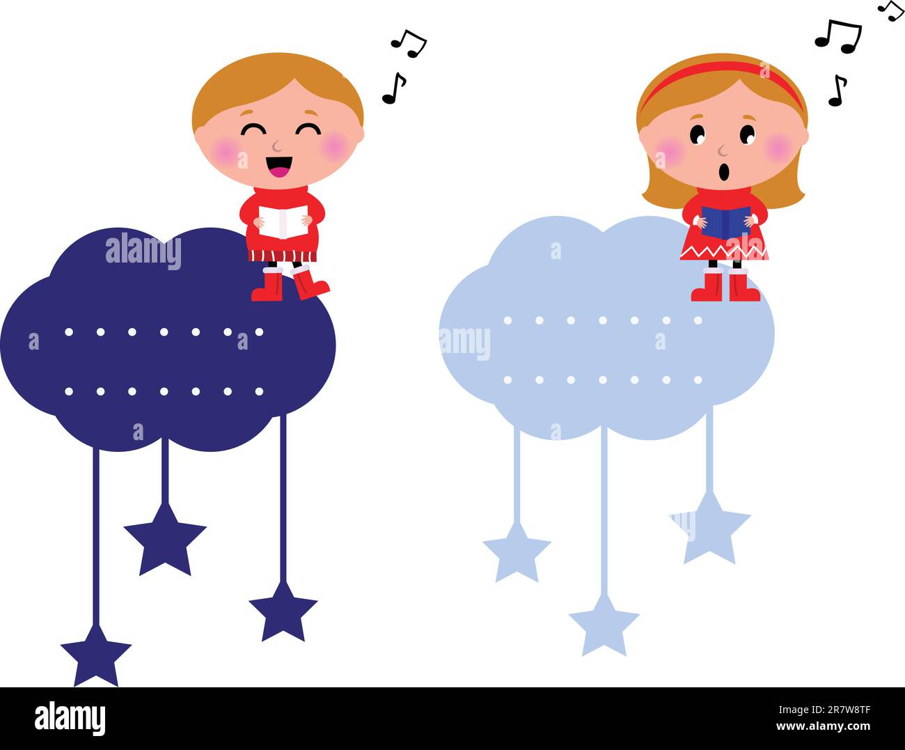 Cute christmas cloudy labels with caroling kids. Vector cartoon design ...