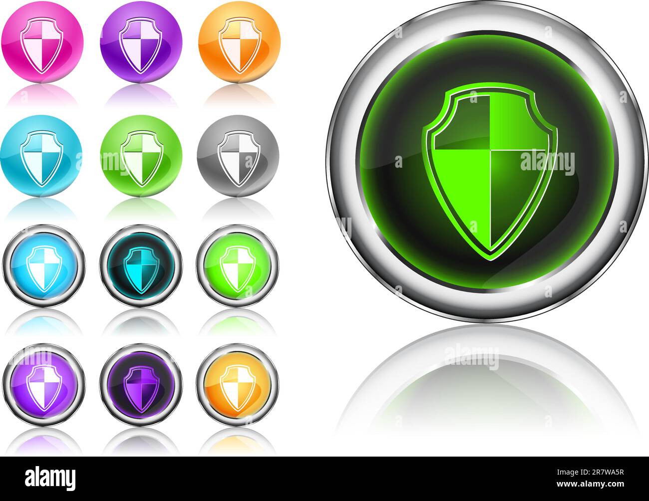 Round Shiny Icons Set with Shields Silhouette. Vector Illustration ...
