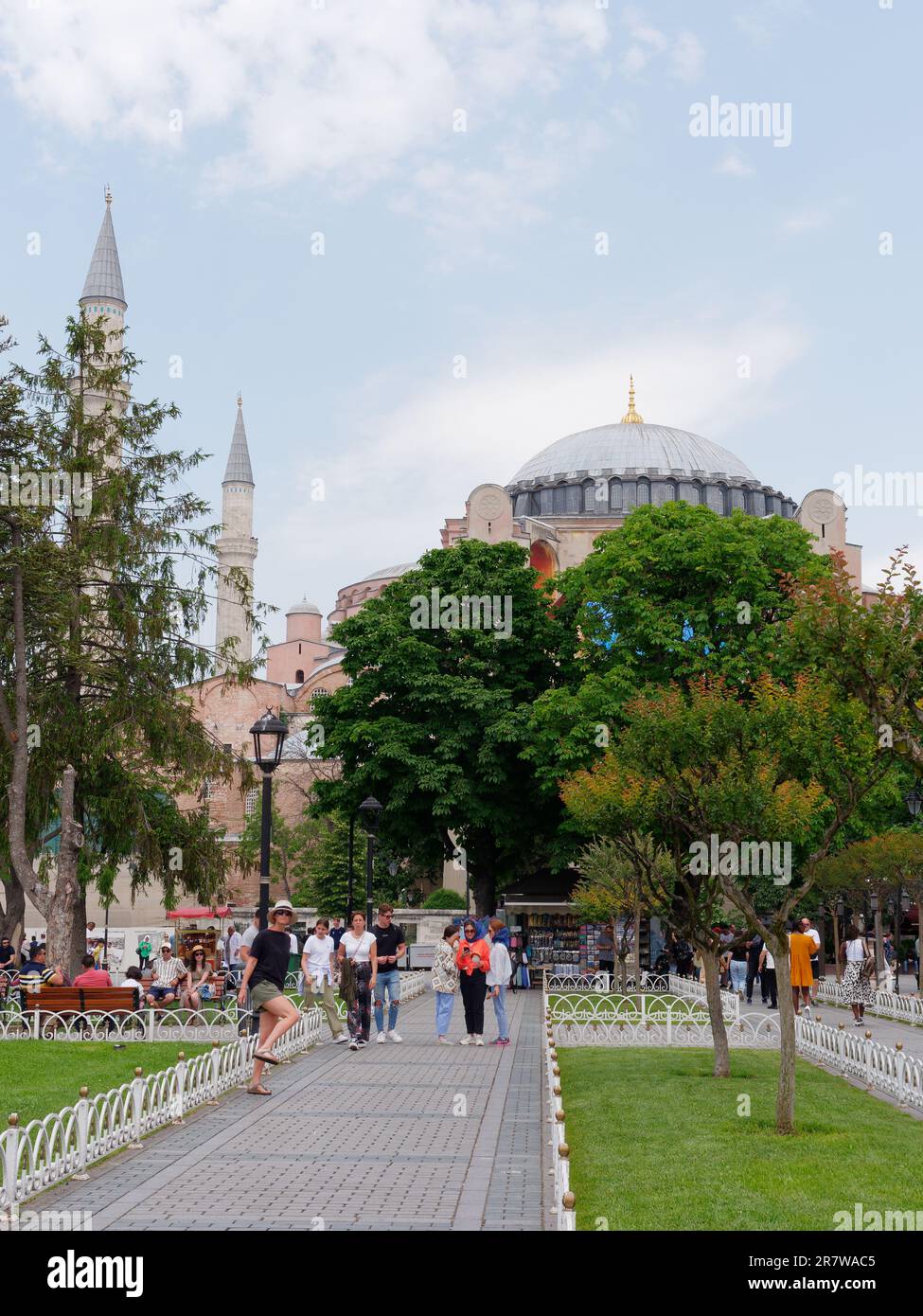 Gardens with tourists with the Hagia Sophia behind, Istanbul, Turkey ...