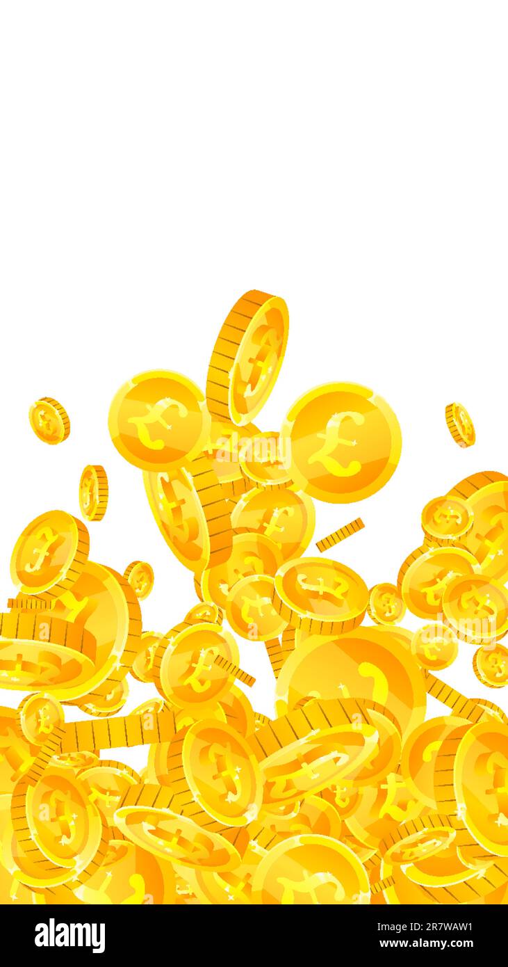 British pound coins falling. Scattered gold GBP coins. United Kingdom ...