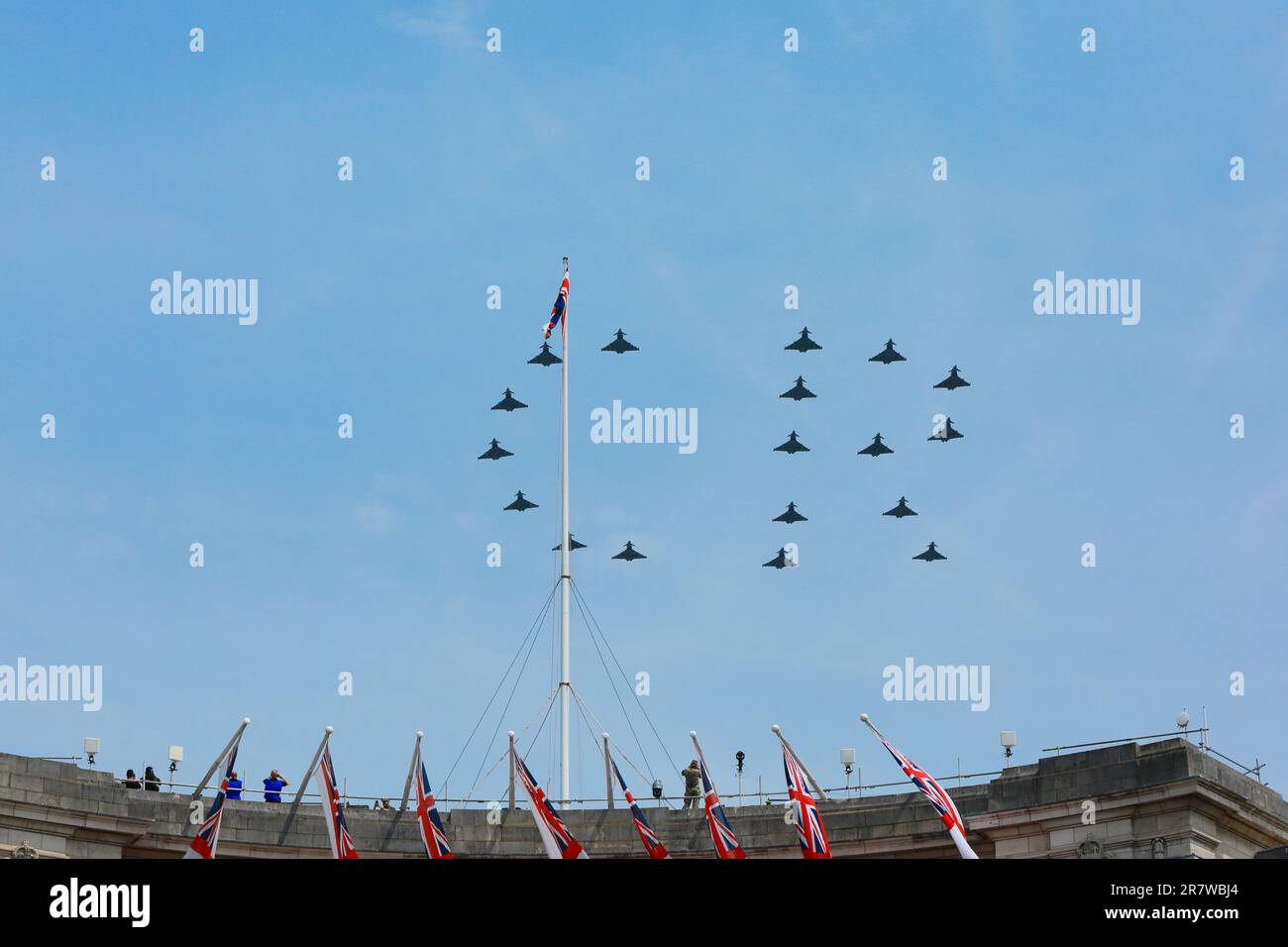 London, UK. 17 June 2023. RAF Typhoons form the King's cypher CR ...