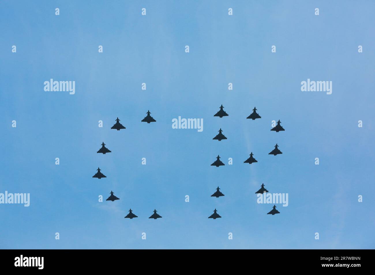 London, UK. 17 June 2023. RAF Typhoons form the King's cypher CR ...