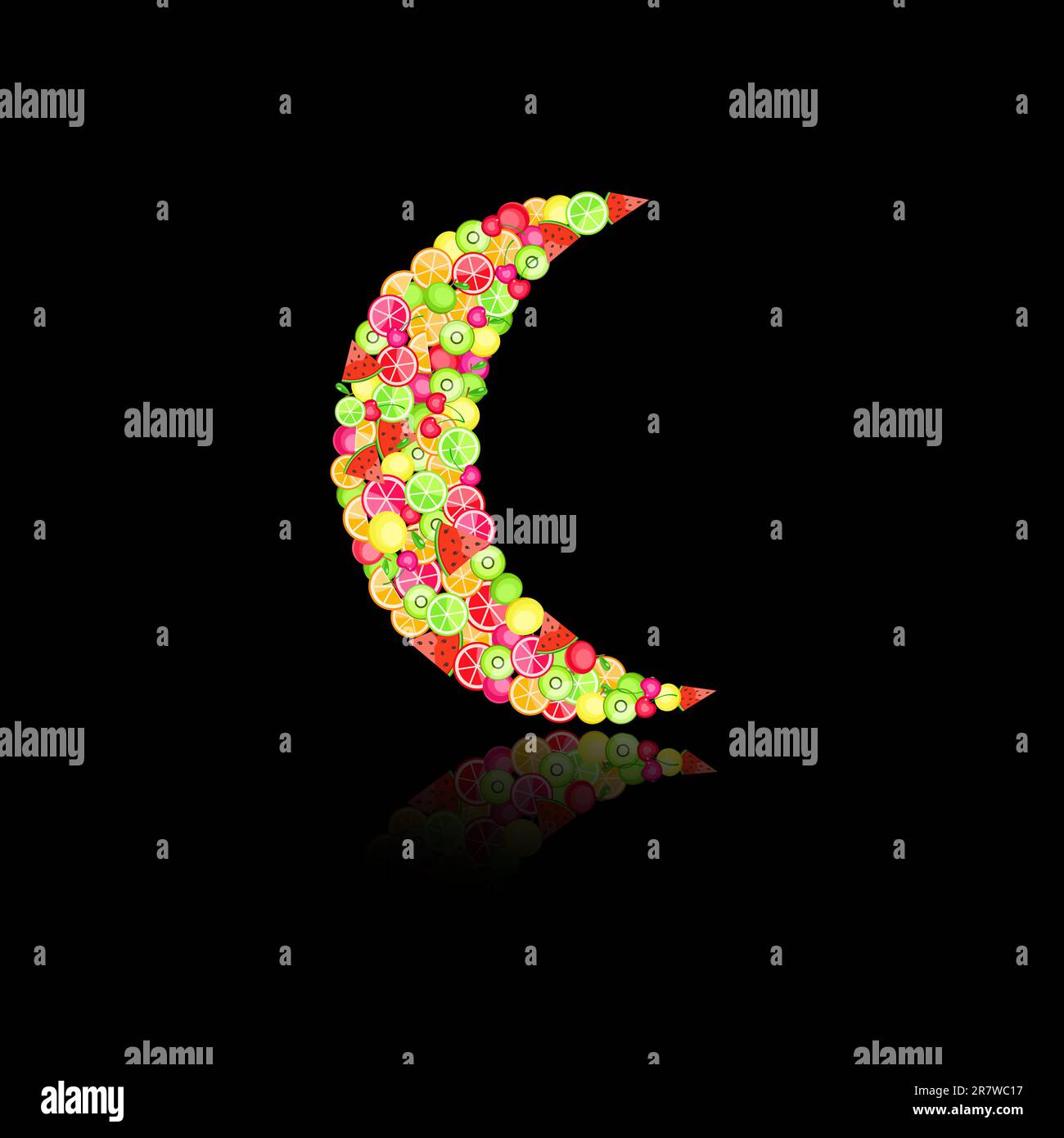 Moon filled with fruits on black background. Vector Illustration Stock ...