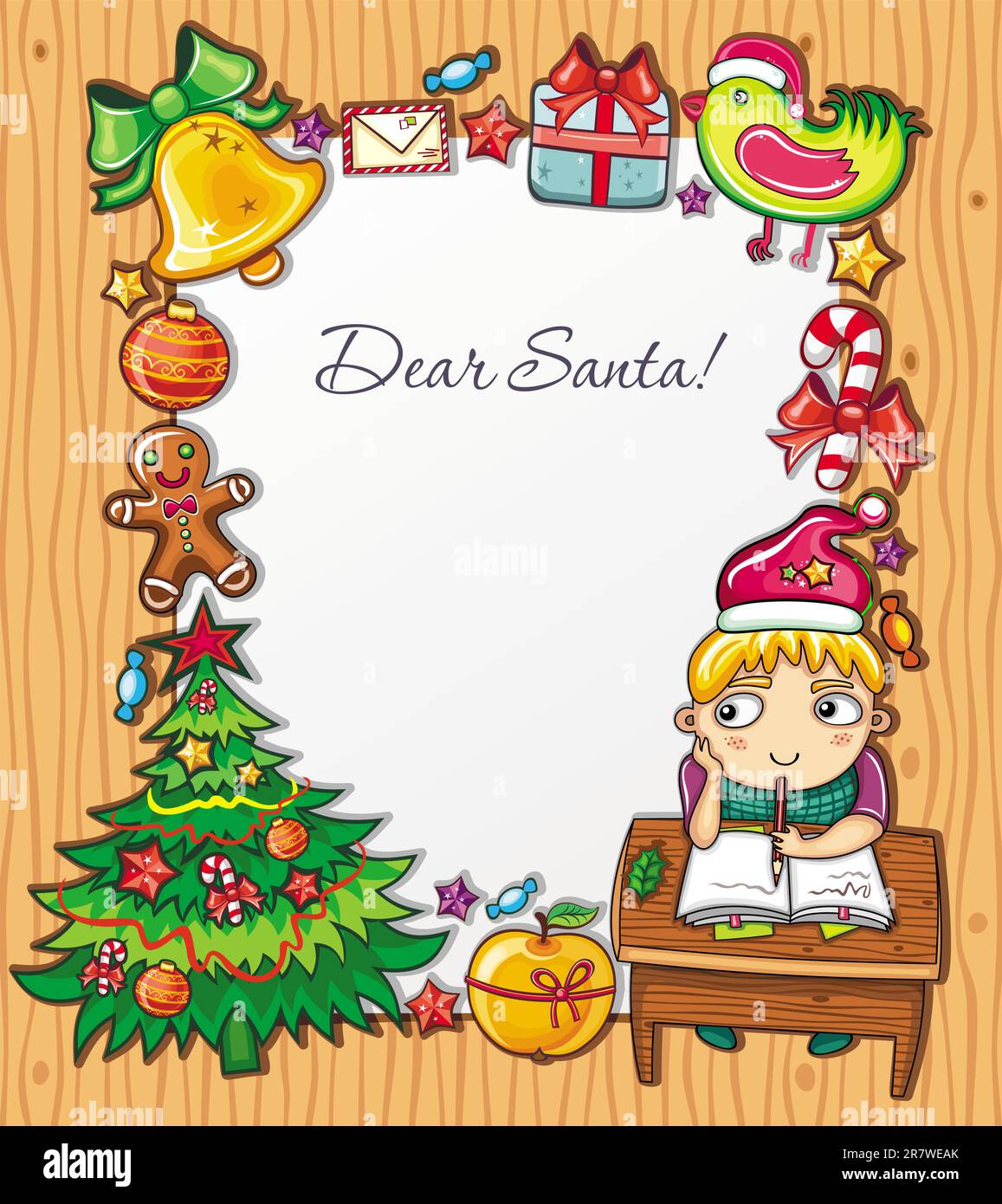 Little boy, wearing Santa hat, writing a letter to Santa . Lots of ...