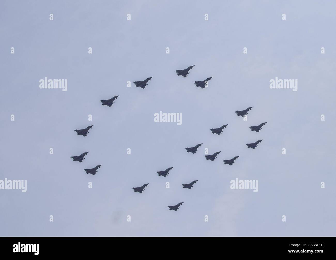 London, UK. 17th June 2023. RAF planes form the letters CR over central ... London, UK. 17th June 2023. RAF planes form the letters CR over central ...