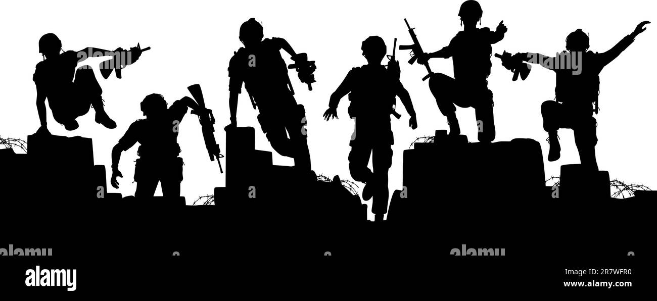 Editable vector silhouettes of armed soldiers charging forward with ...