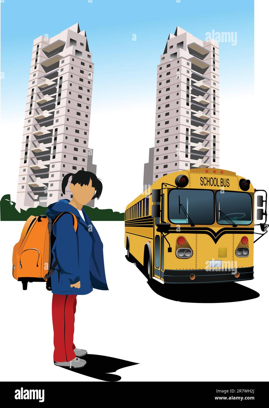 Dormitory and school bus. School girl. Back to school. Vector ...