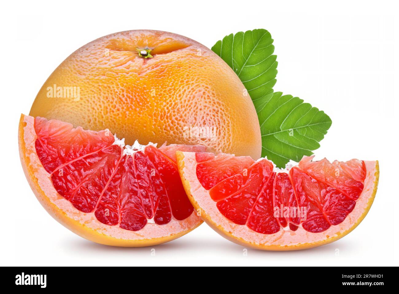 Fresh grapefruit whole, slice with leaf isolated on white background-3D ...