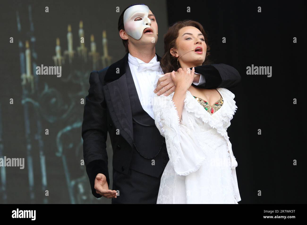 The cast of Phantom of the Opera perform live on stage at West End Live 2023 in Trafalgar Square ...