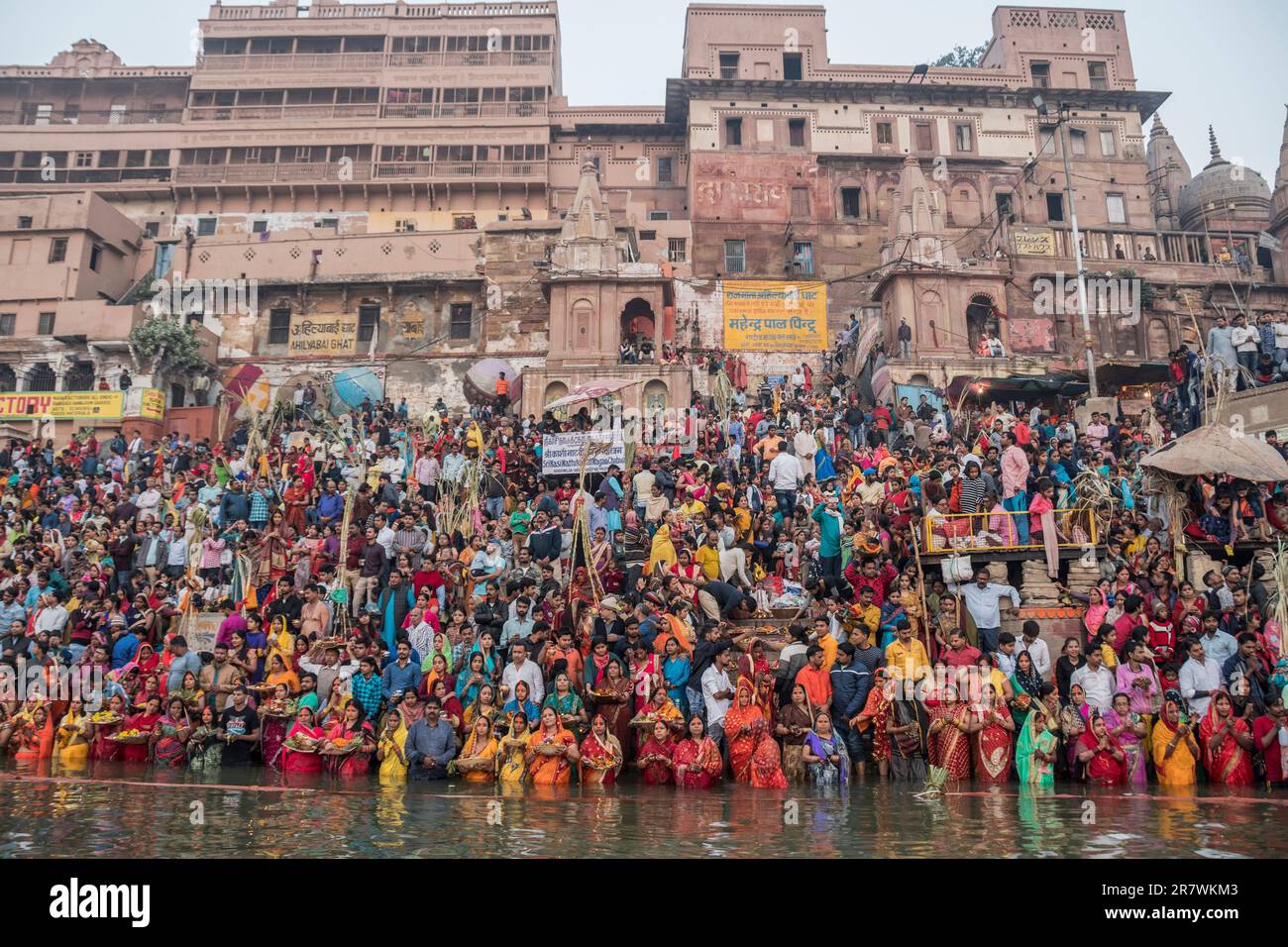 Devotees make offerings and pray in the Ganges during Chhath Puja in Varanasi, India Stock Photo ...