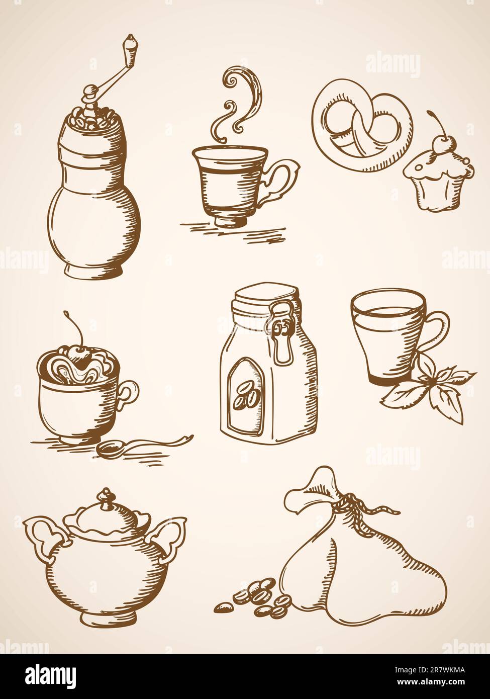 set of vector hand drawn coffee icons in retro style Stock Vector Image ...