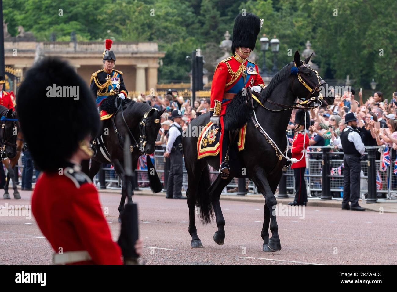King Charles III on horseback at Trooping the Colour 2023 in The Mall ...
