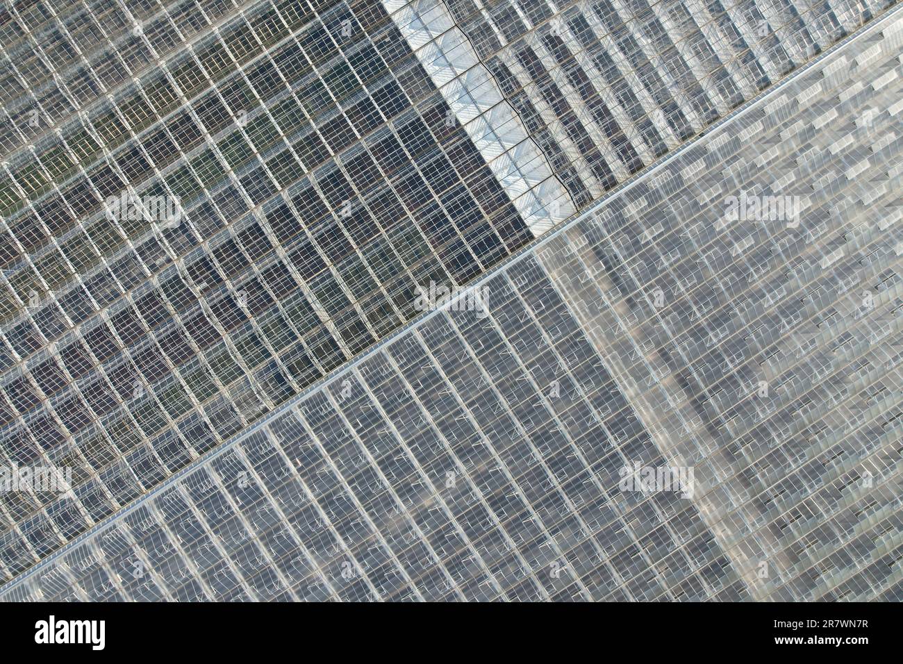 Glass greenhouses from above in sunny weather, big glass houses from ...