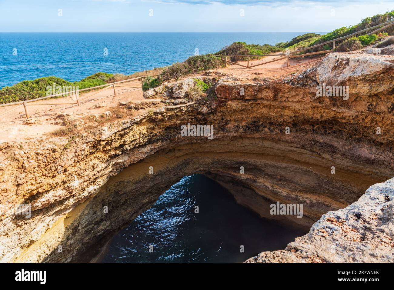 Benagil cave seen from the upper hole of the cave,Algarve Stock Photo ...