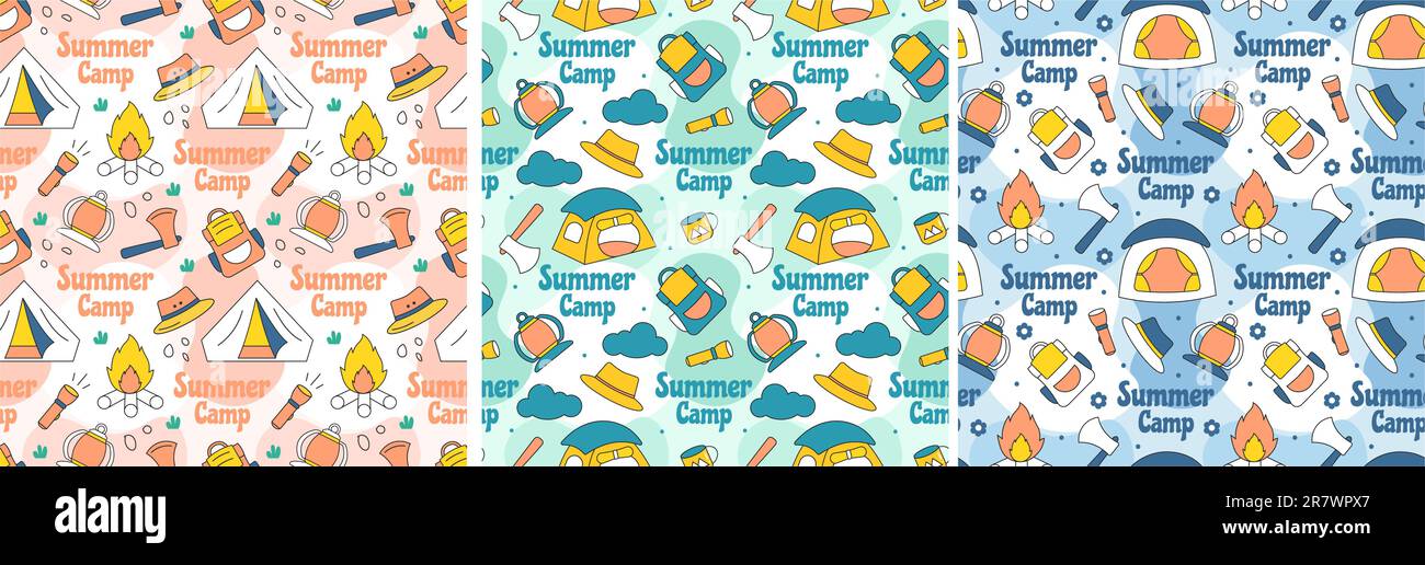 Set of Summer Camp Seamless Pattern Design of Camping and Traveling Element in Template Hand ...