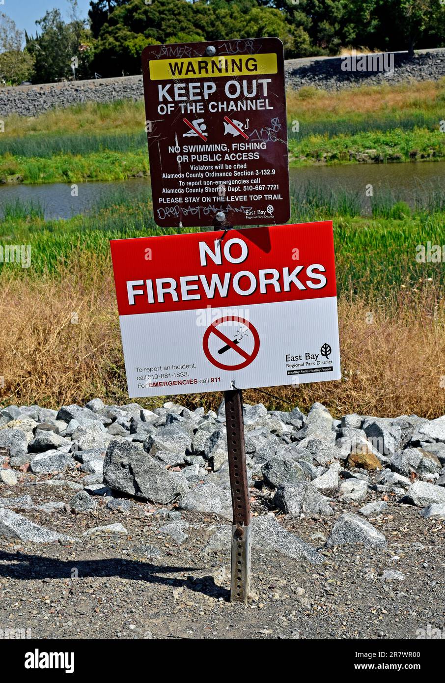 No Fireworks and keep out of the channel signs along the Alameda Creek ...