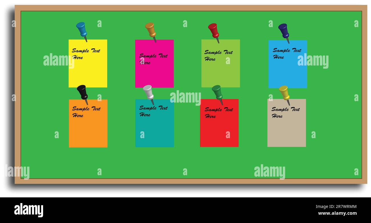 A Vector Green Office Noticeboard with reminder memos and pushpins with ...