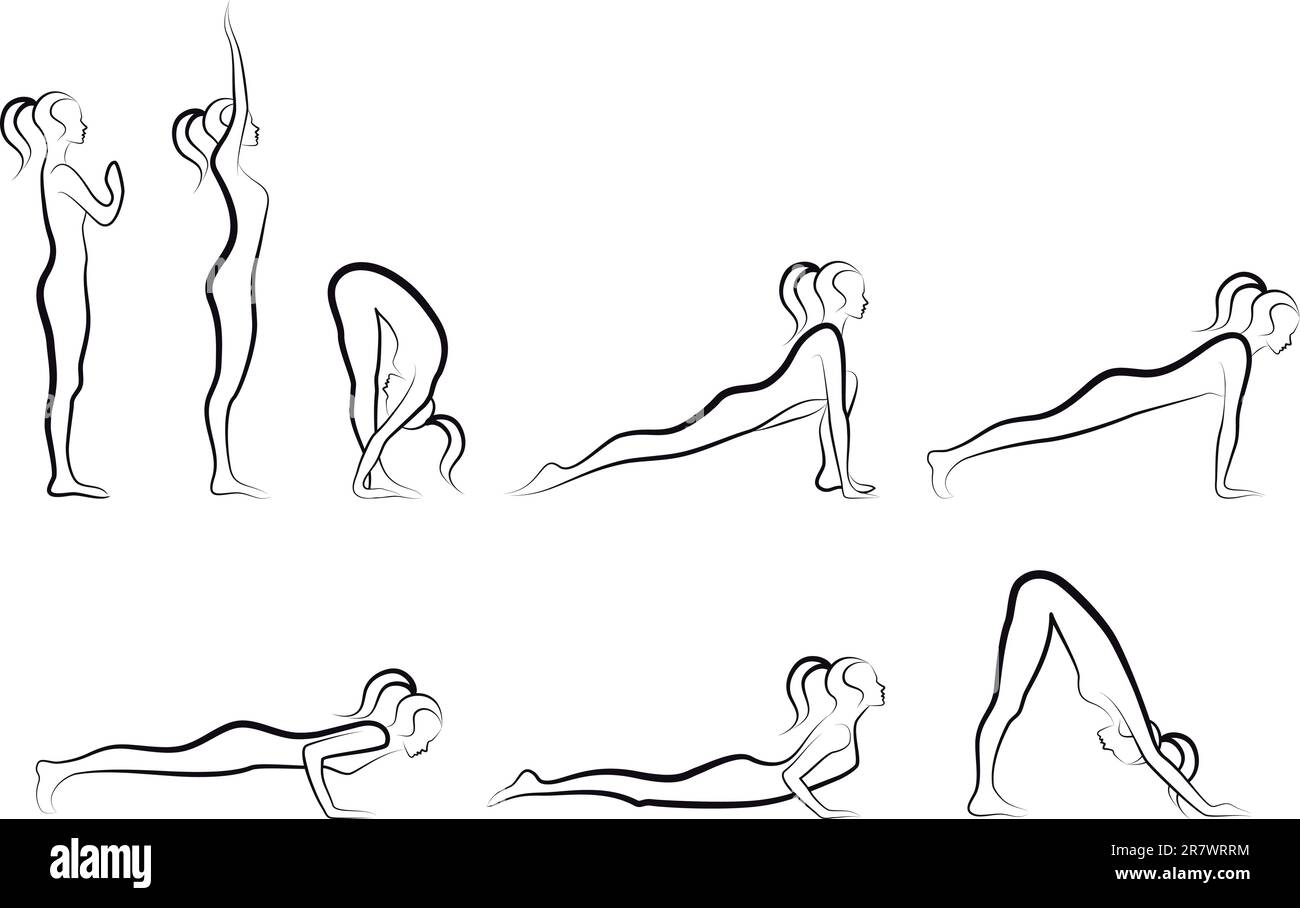 set of sun salutation yoga exercises, vector illustration Stock Vector ...