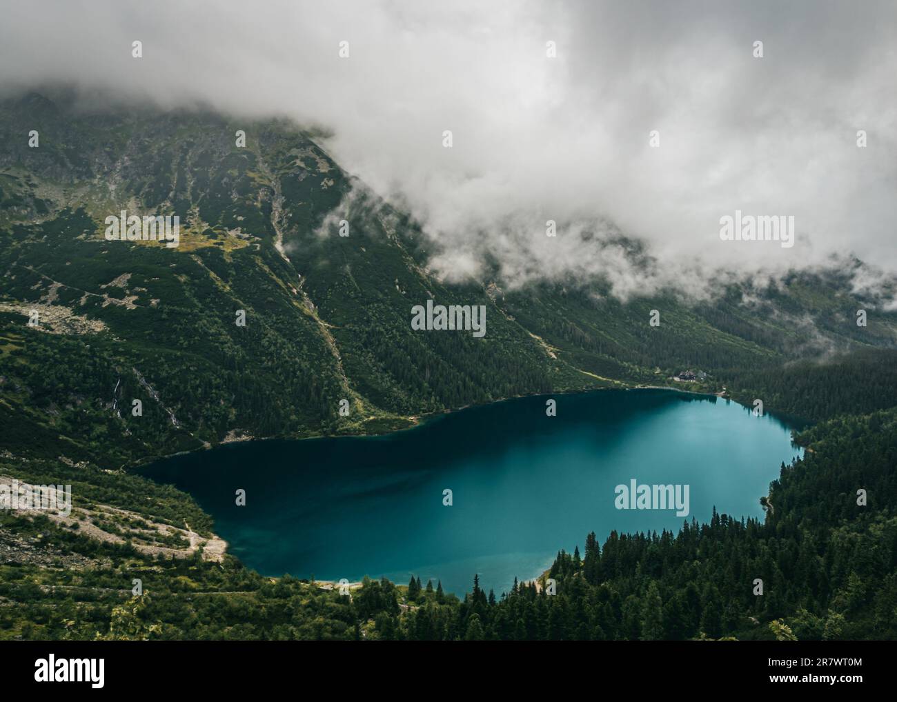 Aerial view of Morskie Oko lake in the Tatra mountain range of Zakopane ...
