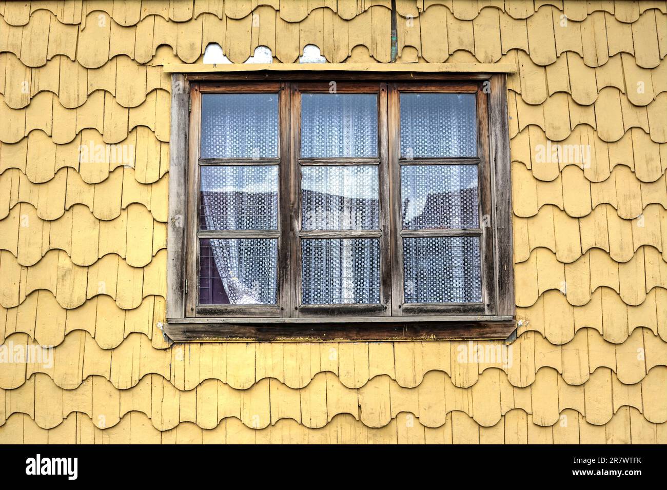 Traditional wood shingles (Tejuela Chilota) on historic buildings on ...
