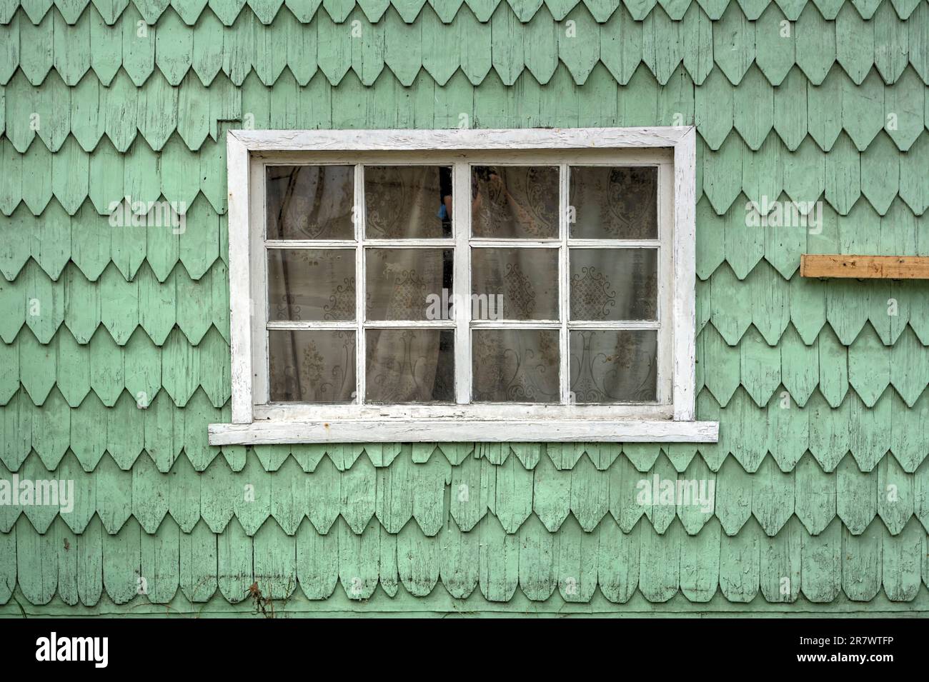 Traditional wood shingles (Tejuela Chilota) on historic buildings on ...