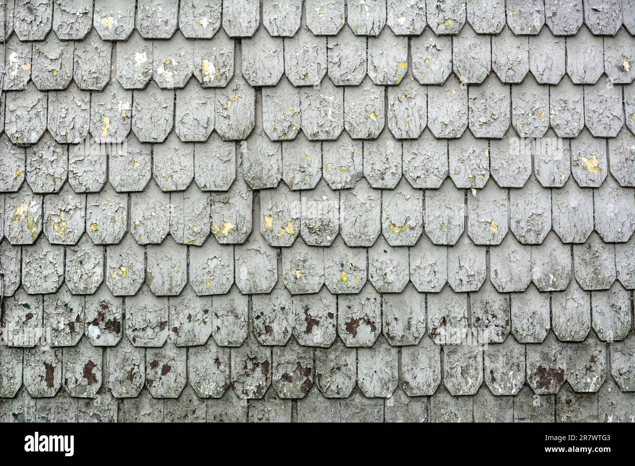 Traditional wood shingles (Tejuela Chilota) on historic buildings on ...