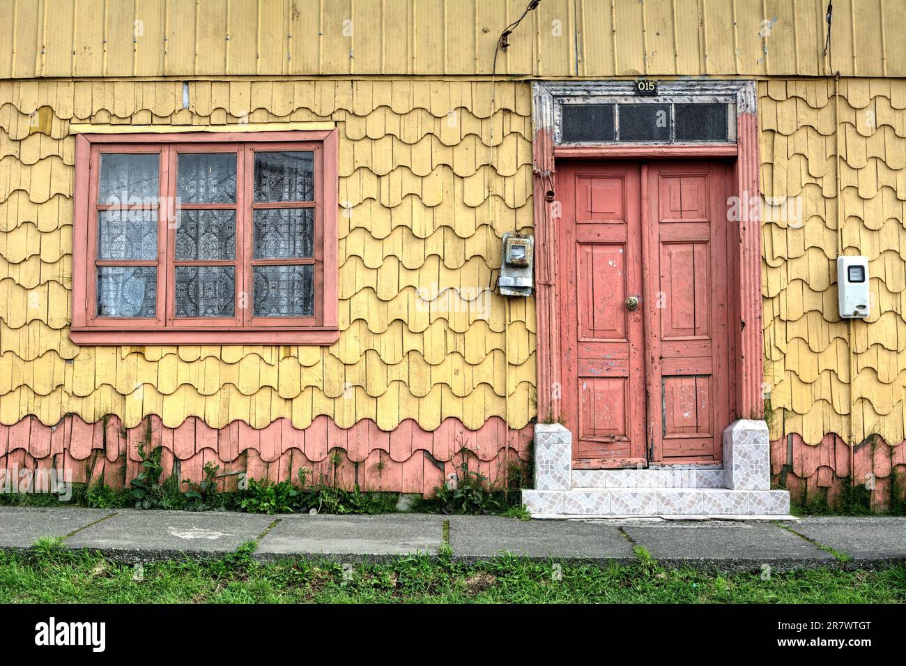 Traditional wood shingles (Tejuela Chilota) on historic buildings on ...
