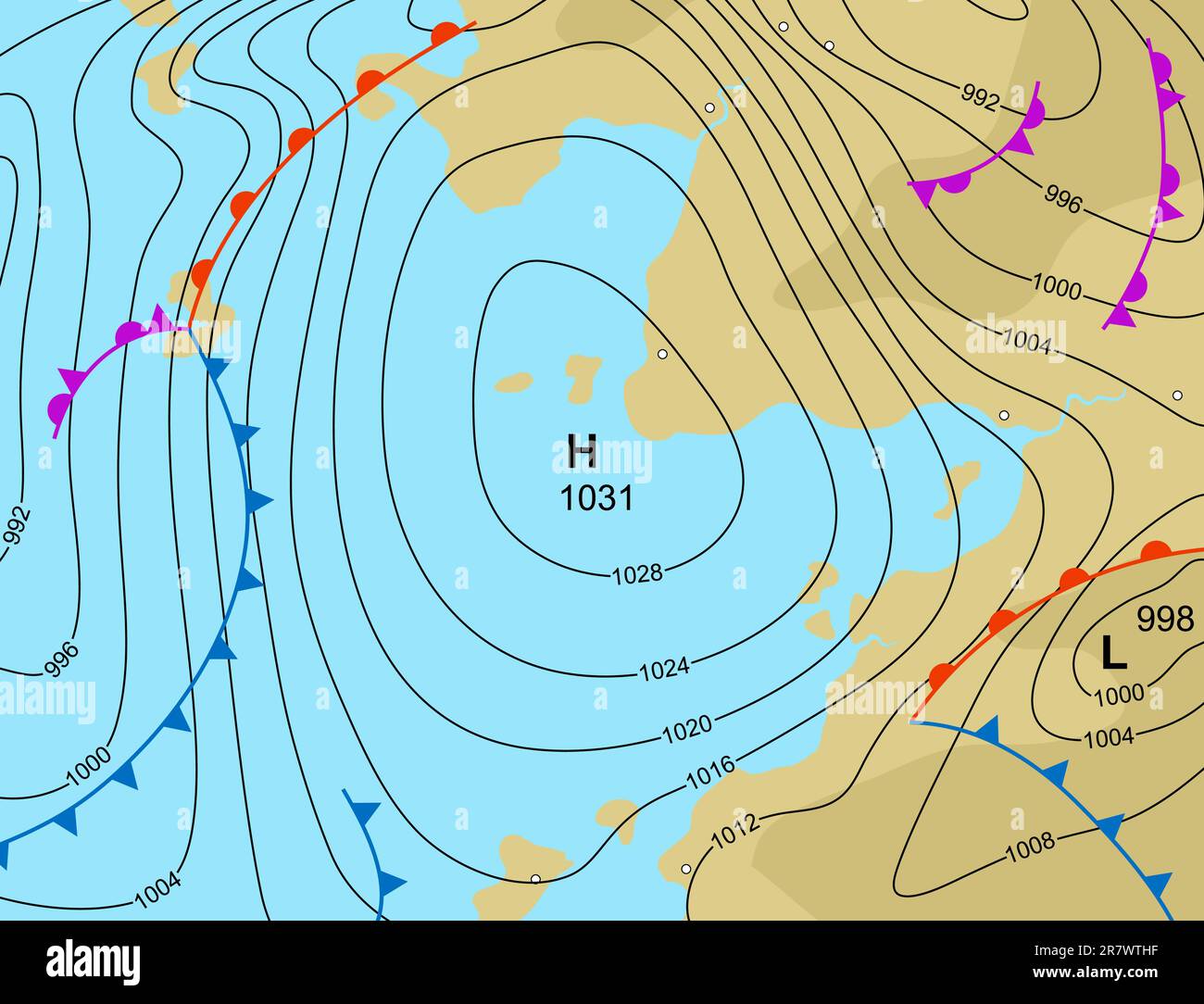 Editable vector illustration of a generic weather map showing a high ...