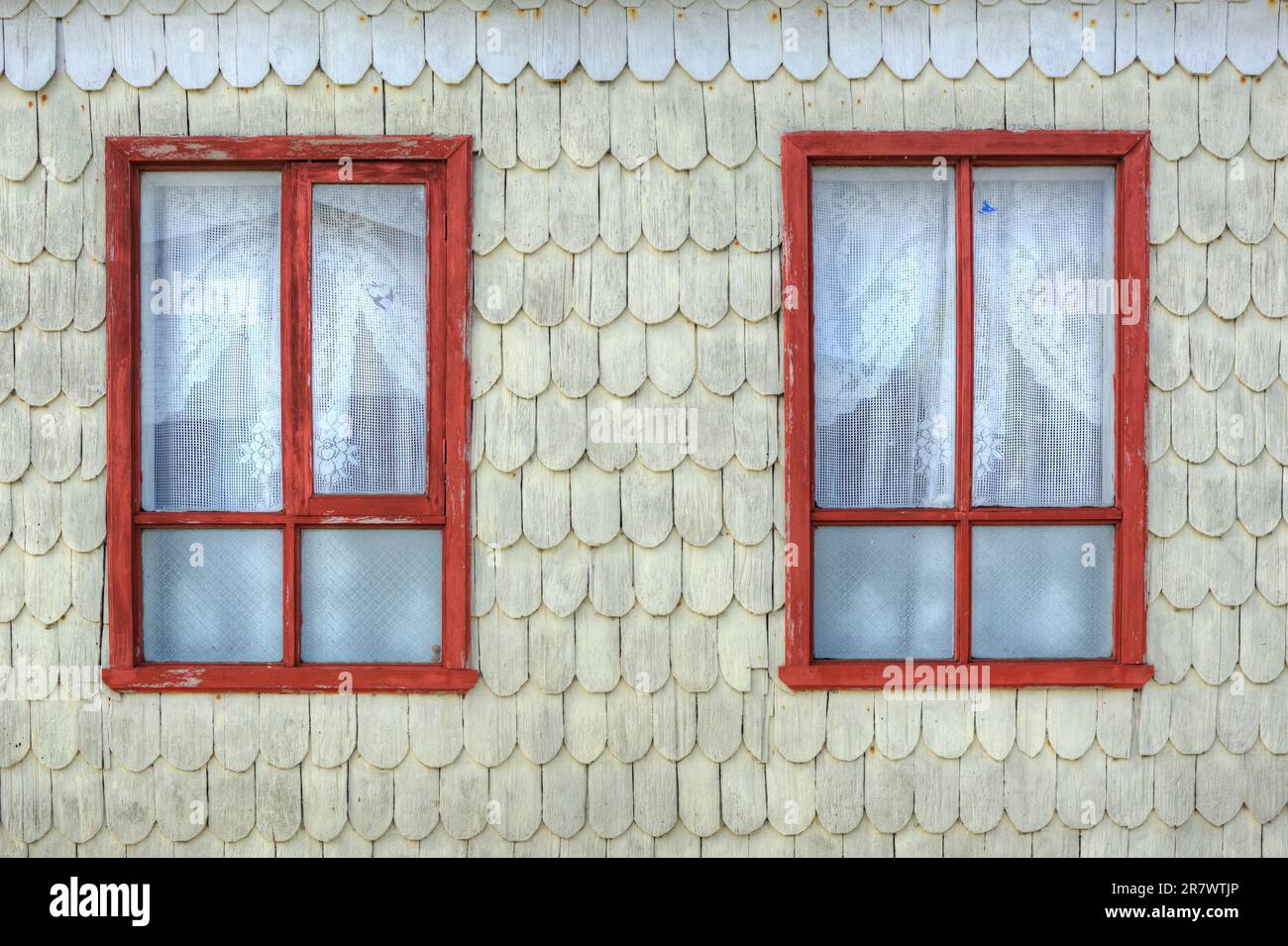 Traditional wood shingles (Tejuela Chilota) on historic buildings on ...