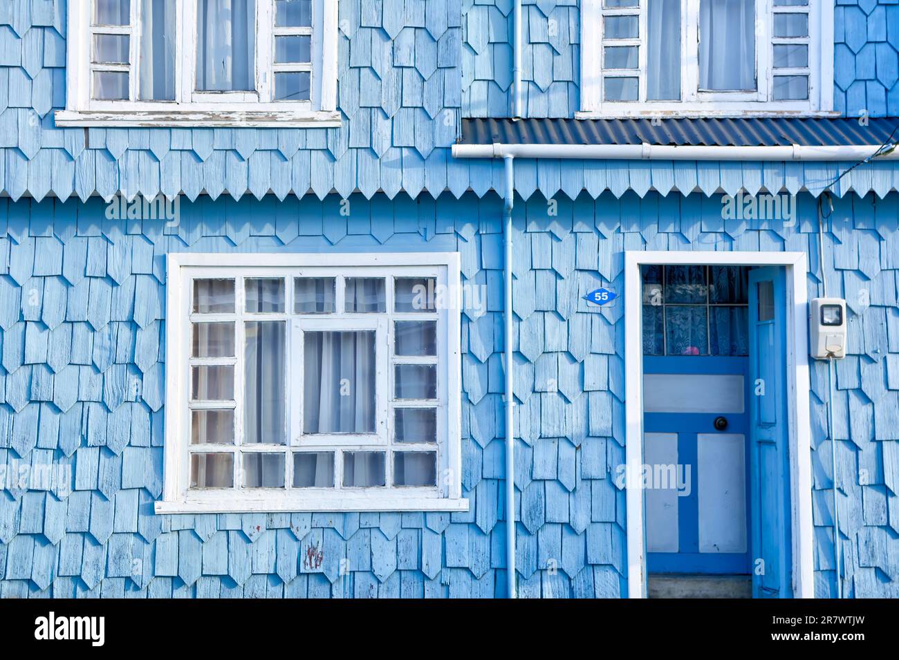 Traditional wood shingles (Tejuela Chilota) on historic buildings on ...