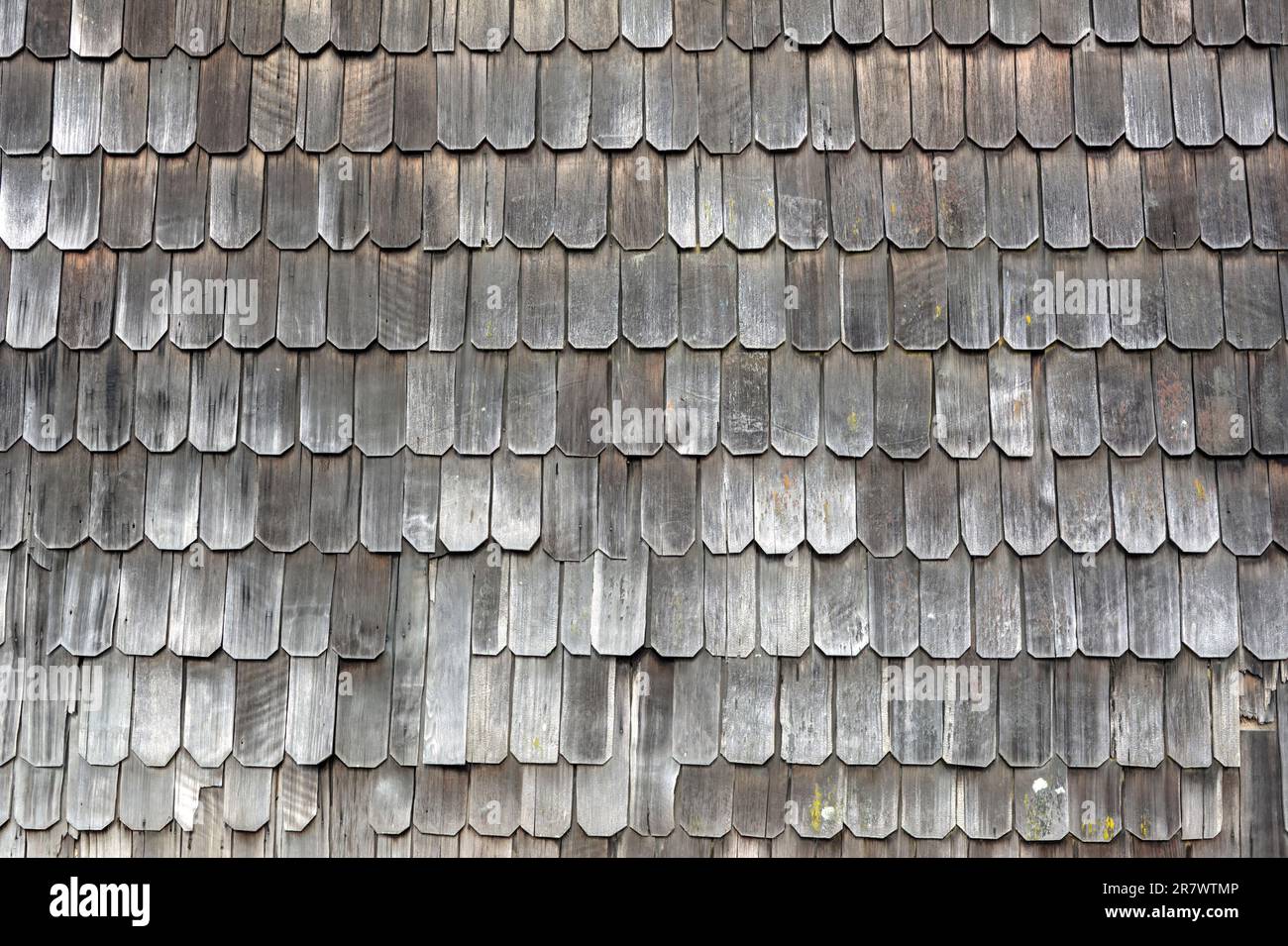 Traditional wood shingles (Tejuela Chilota) on historic buildings on ...