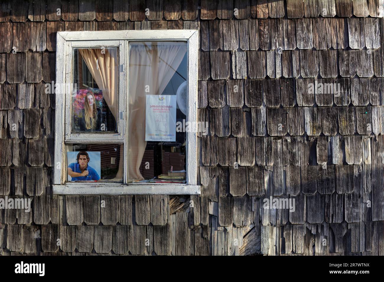 Traditional wood shingles (Tejuela Chilota) on historic buildings on ...