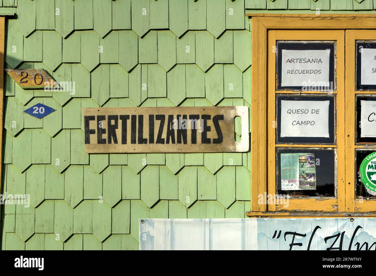 Traditional wood shingles (Tejuela Chilota) on historic buildings on ...