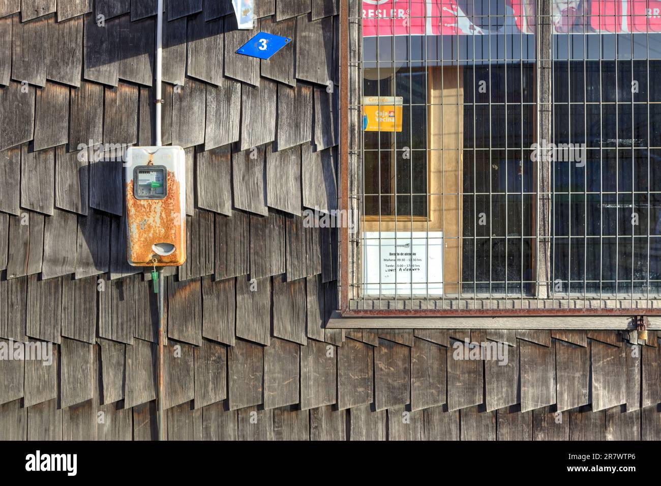 Traditional wood shingles (Tejuela Chilota) on historic buildings on ...